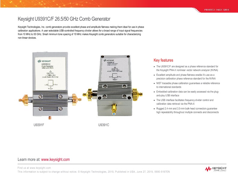 U9391C/F 26.5/50 GHz Comb Generator PDF Asset Page | Keysight